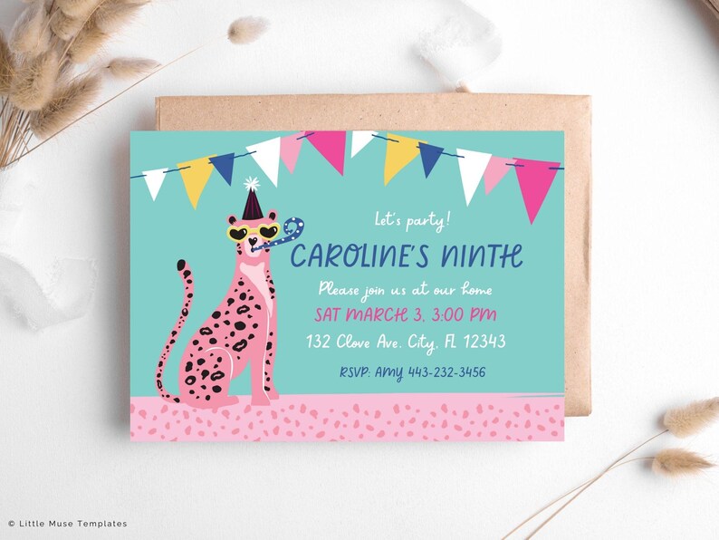 Kids Cheetah Birthday Party Invitation: Pink Leopard Template (digital ...