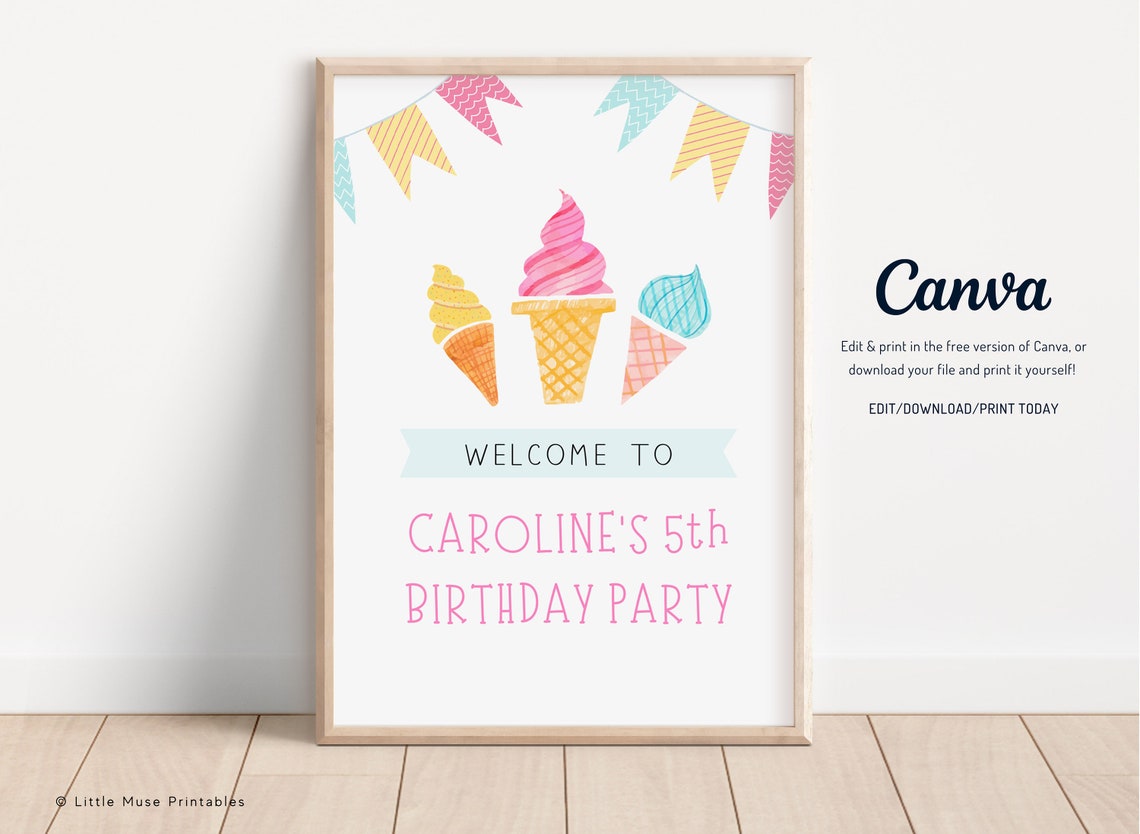 Editable Ice Cream Birthday Welcome Sign, Printable Ice Cream Themed ...