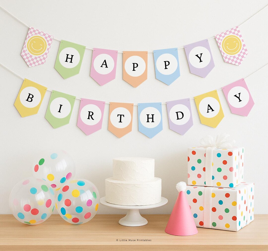 Smiley Face Birthday Banner Template: Editable Party Flags (digital ...