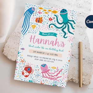 Under the Sea Invitation Template for Canva, Sea Creature Birthday ...