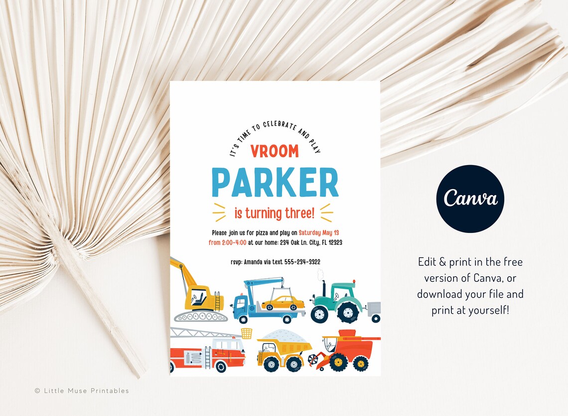 Transportation Birthday Invitation, Truck Birthday Invitation for Canva ...