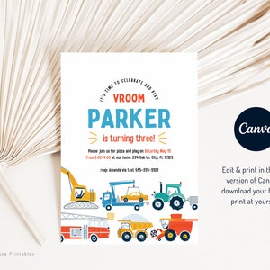 Transportation Birthday Invitation, Truck Birthday Invitation for Canva ...