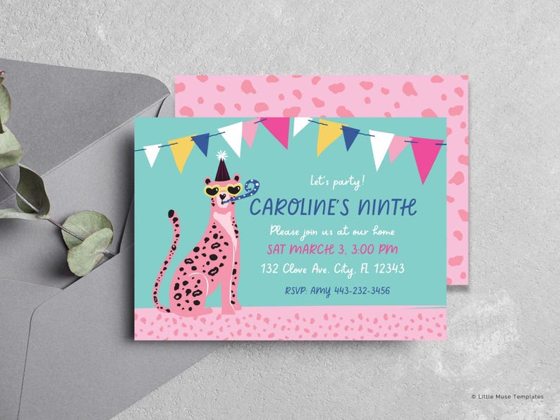 Kids Cheetah Birthday Party Invitation: Pink Leopard Template (digital ...