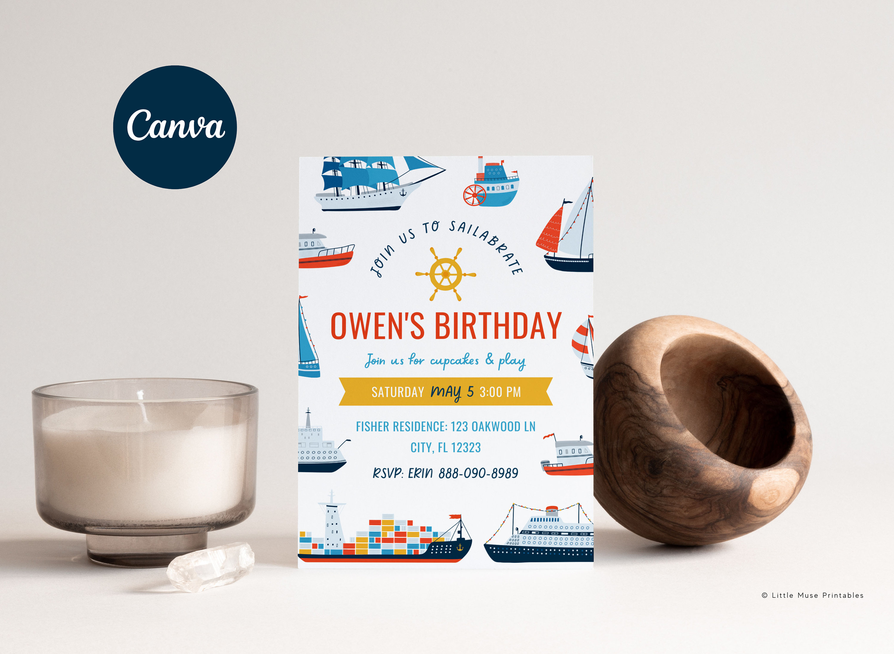 Nautical Birthday Invitation Template for Canva, Ships and Boat Modern ...