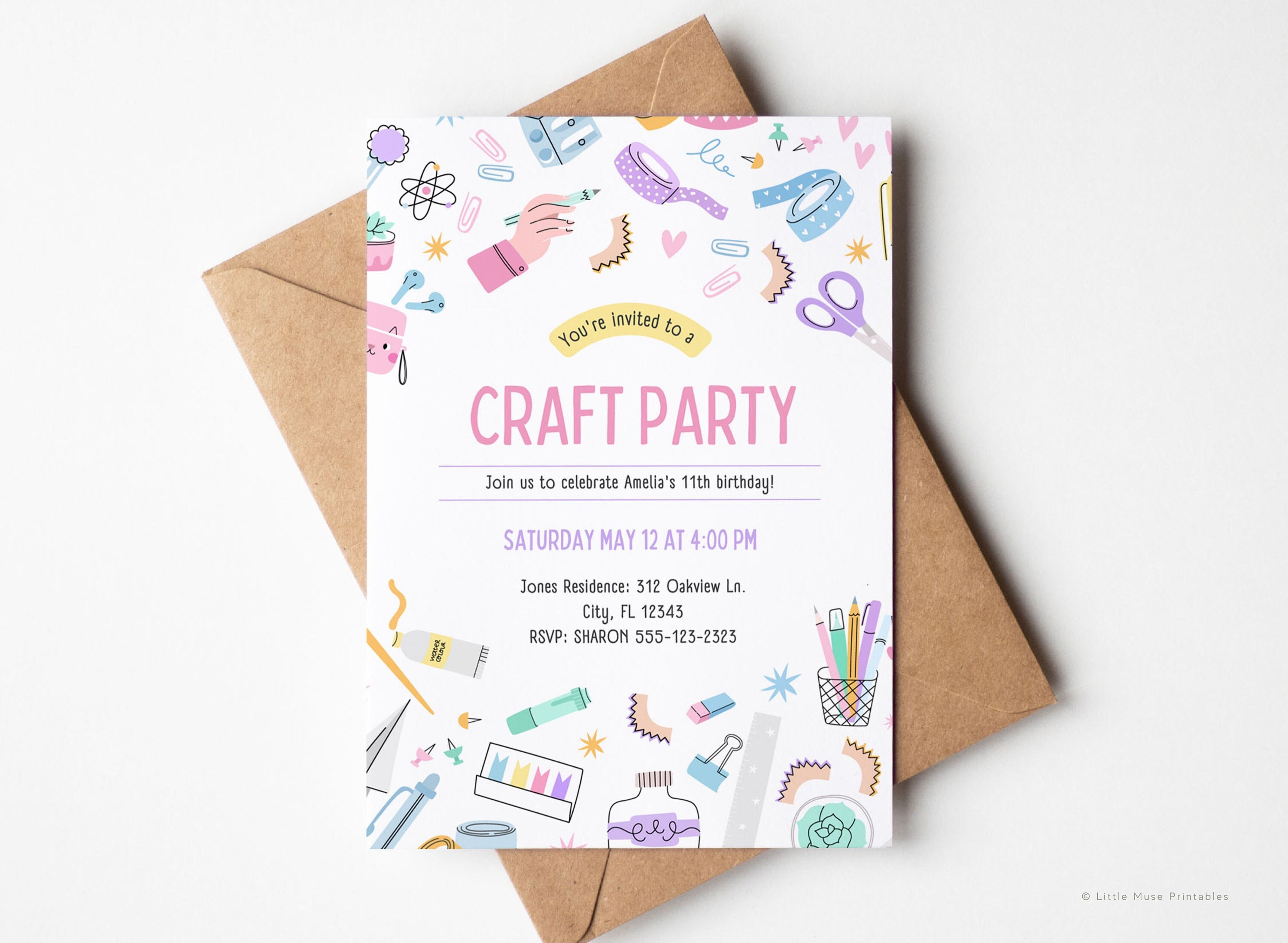 Girls Craft Party Invitation for Canva, Editable Arts and Crafts ...
