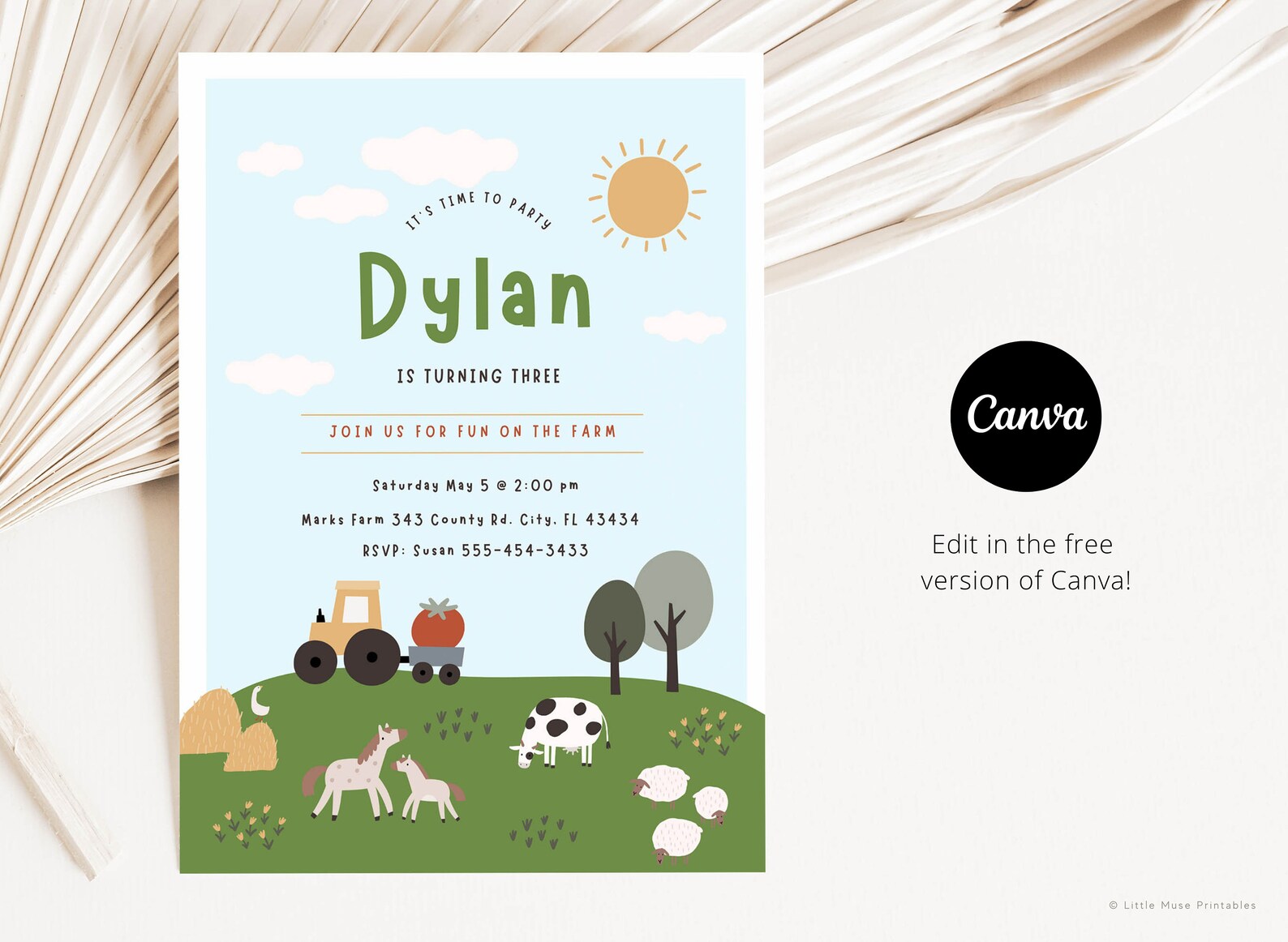 Farm Birthday Invitation Template for Canva, Modern Farm Animals ...