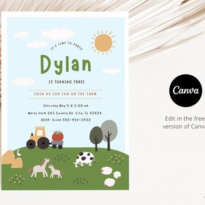 Farm Birthday Invitation Template for Canva, Modern Farm Animals ...