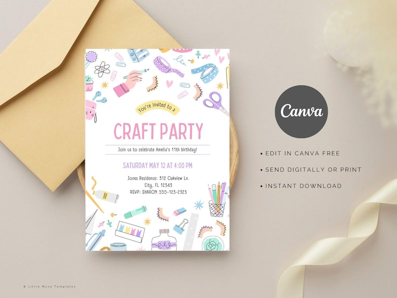 Girls Craft Party Invitation for Canva, Editable Arts and Crafts ...