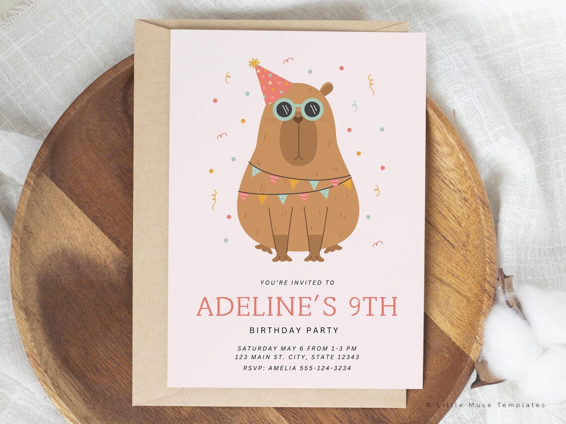 Printable Capybara Birthday Party Invitation for Canva, Cute Animal ...