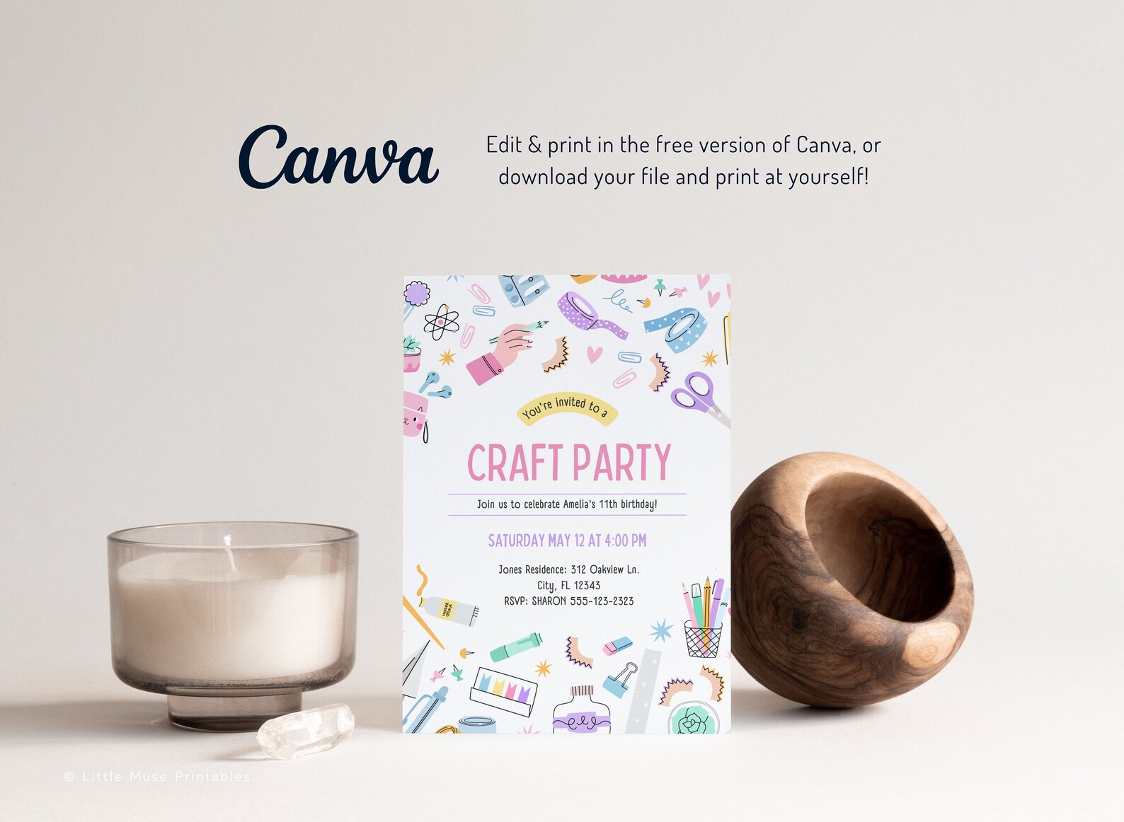Girls Craft Party Invitation for Canva, Editable Arts and Crafts ...