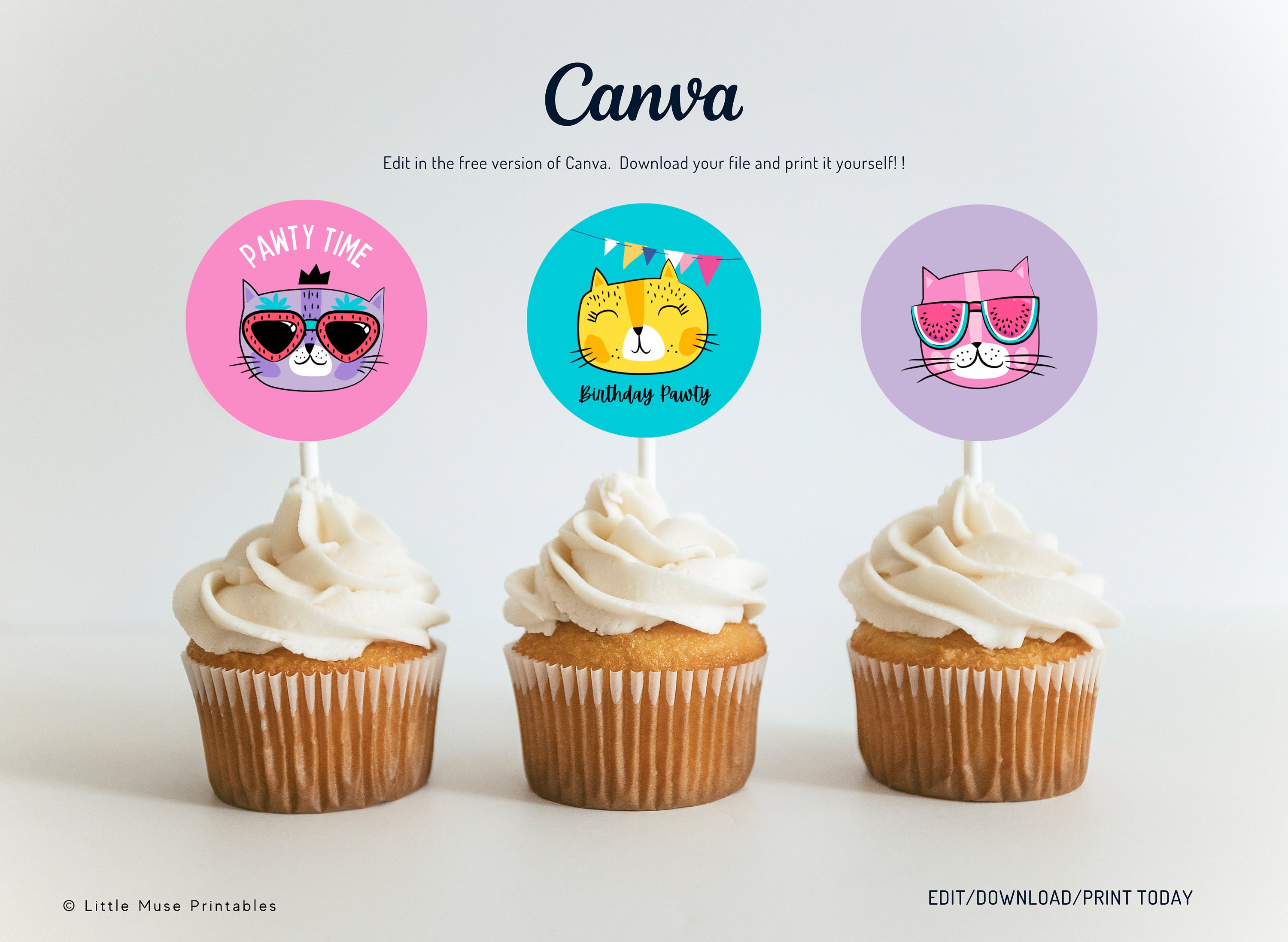 Kitty Cat Birthday Cupcake Toppers for Canva, Editable Cat Lover ...