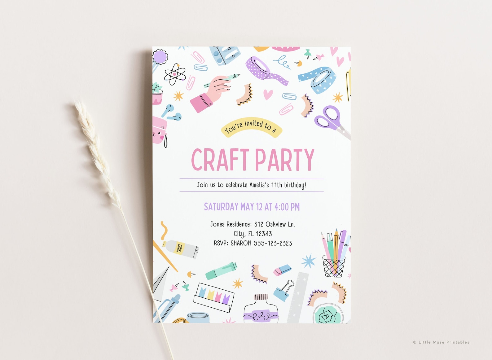 Girls Craft Party Invitation for Canva, Editable Arts and Crafts ...