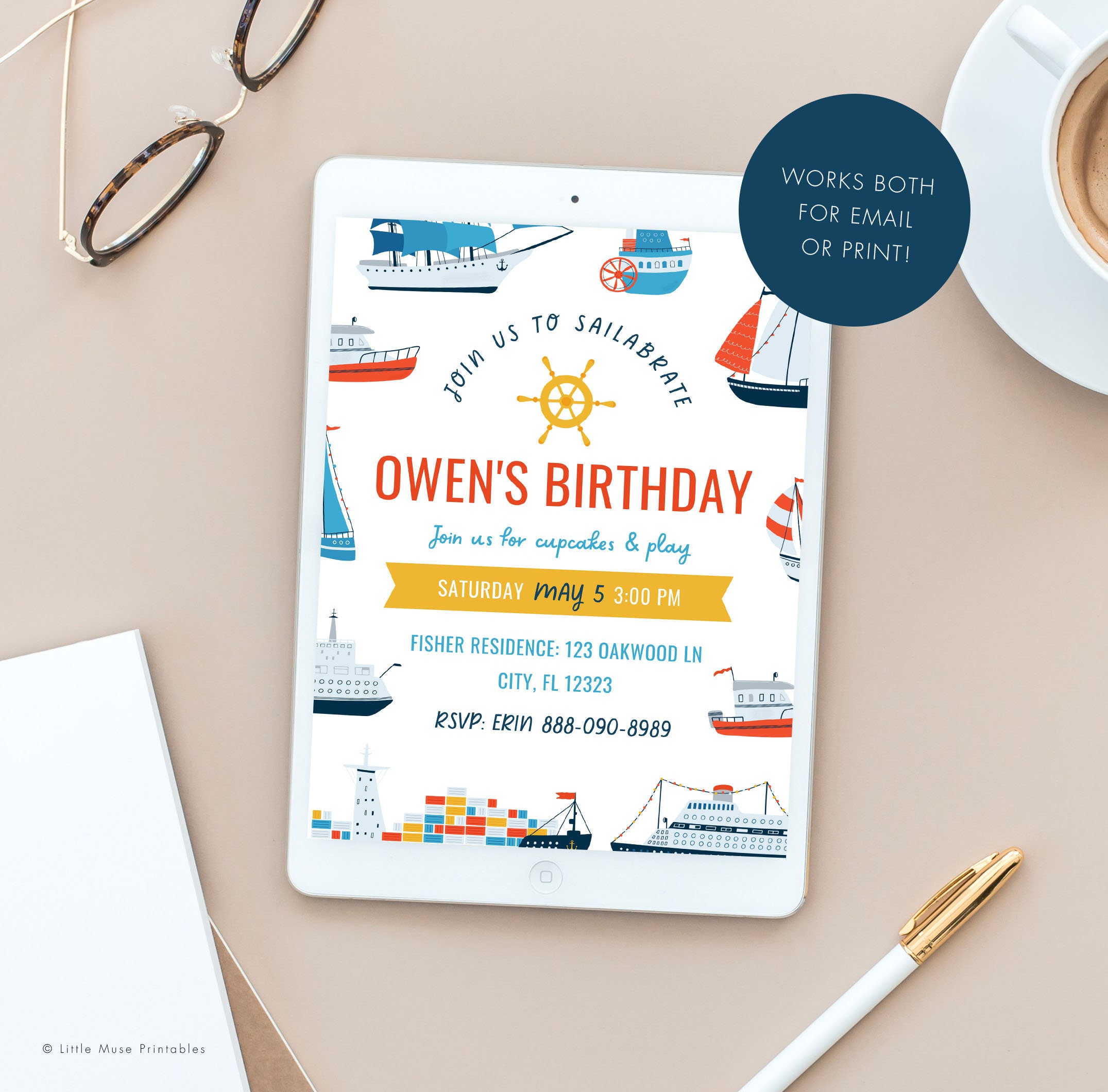 Nautical Birthday Invitation Template for Canva, Ships and Boat Modern ...