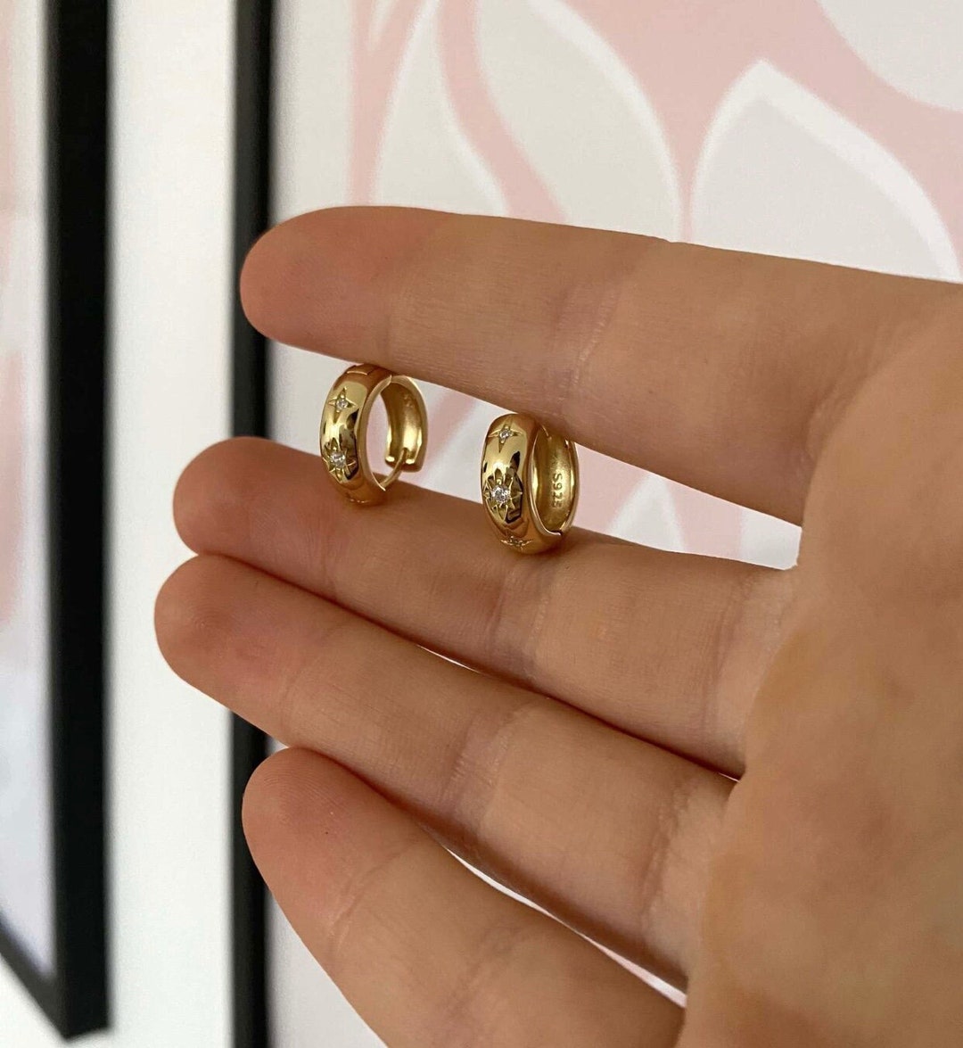 Chunky Gold Hoop Earrings, Thick Gold Crystal Hoop Earrings, Thick Gold ...