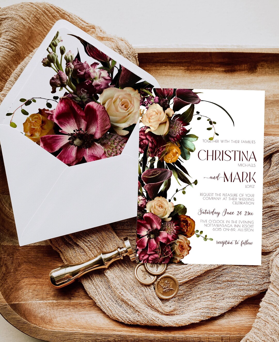 Burgandy Wedding Invitation Template, Burgundy Digital Minimalist ...
