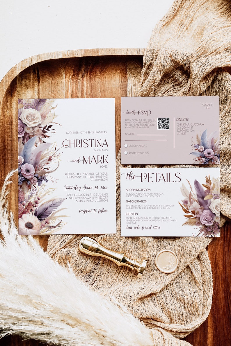 Floral Wedding Invitation Template Bundle, Editable QR Code Invite Suite, Digital Floral Design ...