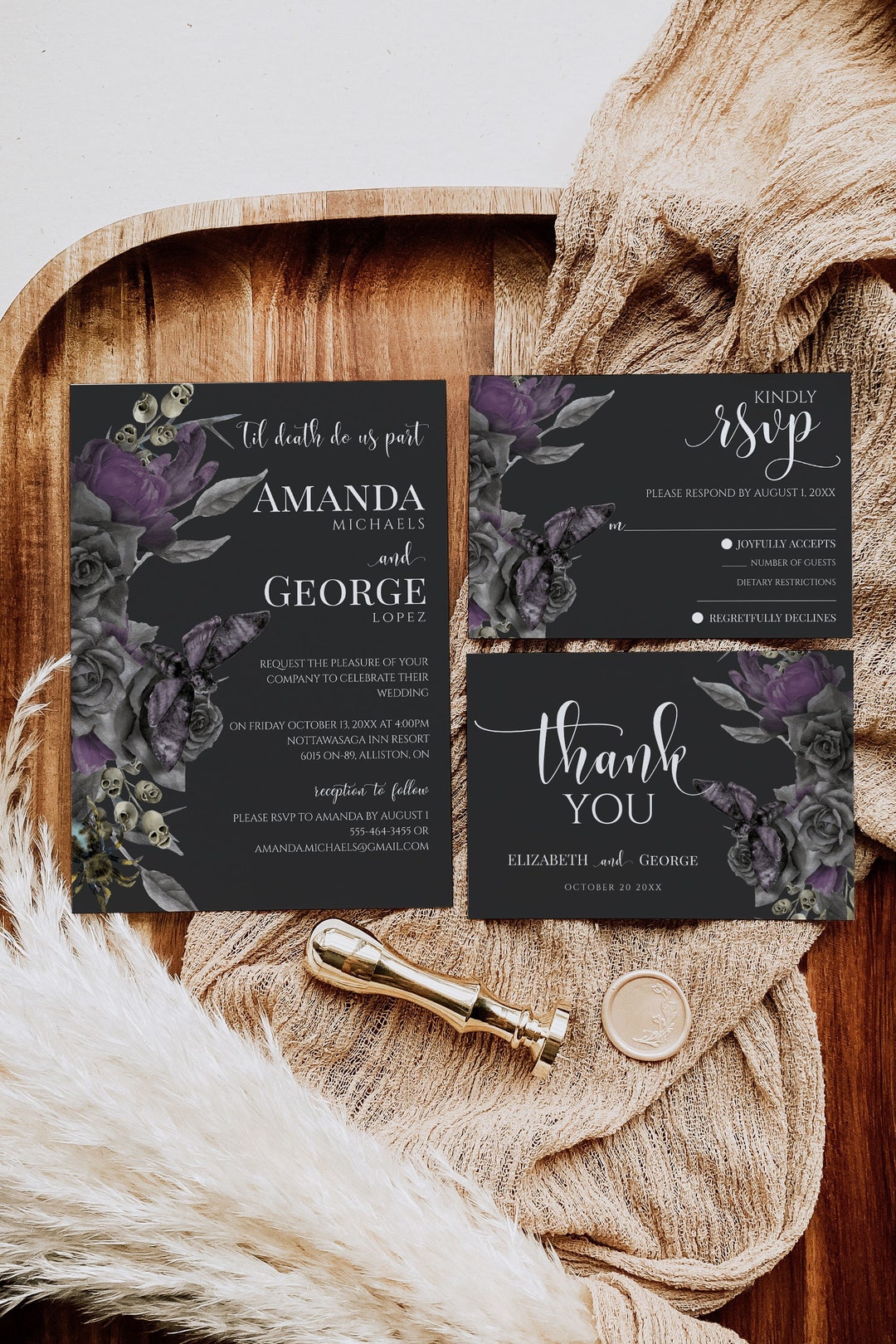 Black Wedding Invitation Template Set Gothic Wedding Invitation ...
