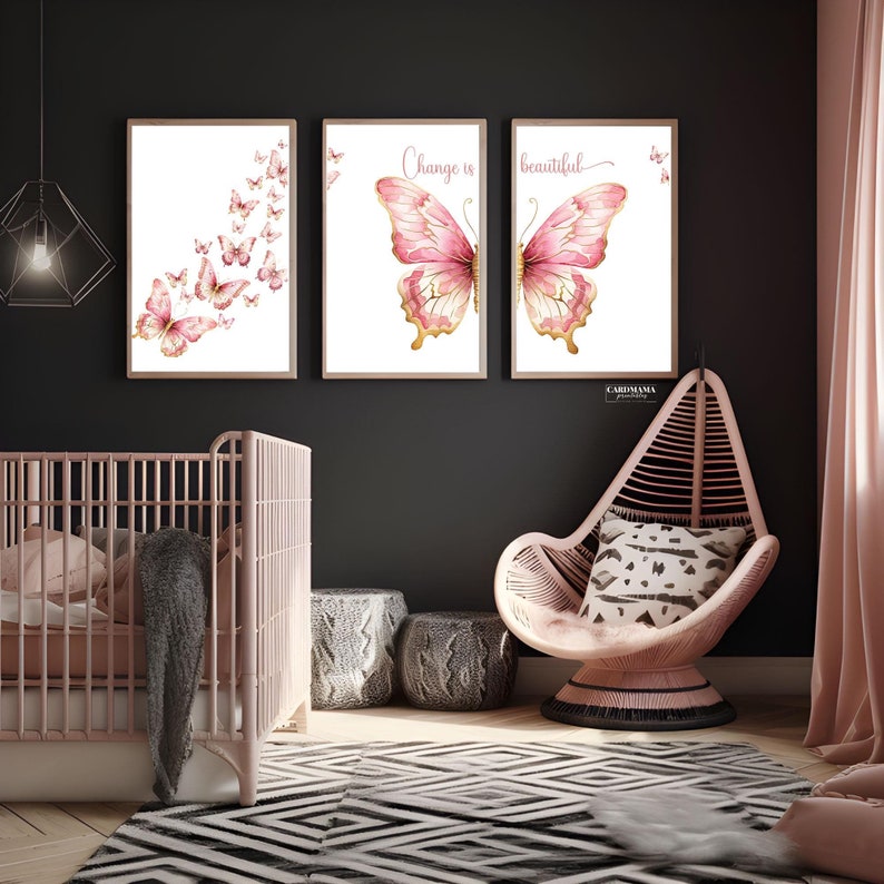 Butterfly Art Print Set Trendy Pink Room Decor, Blush Pink Butterfly ...
