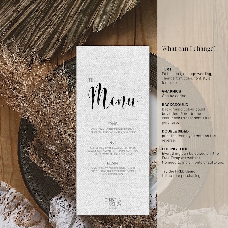 Wedding Menu With Thank You Note, Dinner Napkin Wedding, Double Sided ...