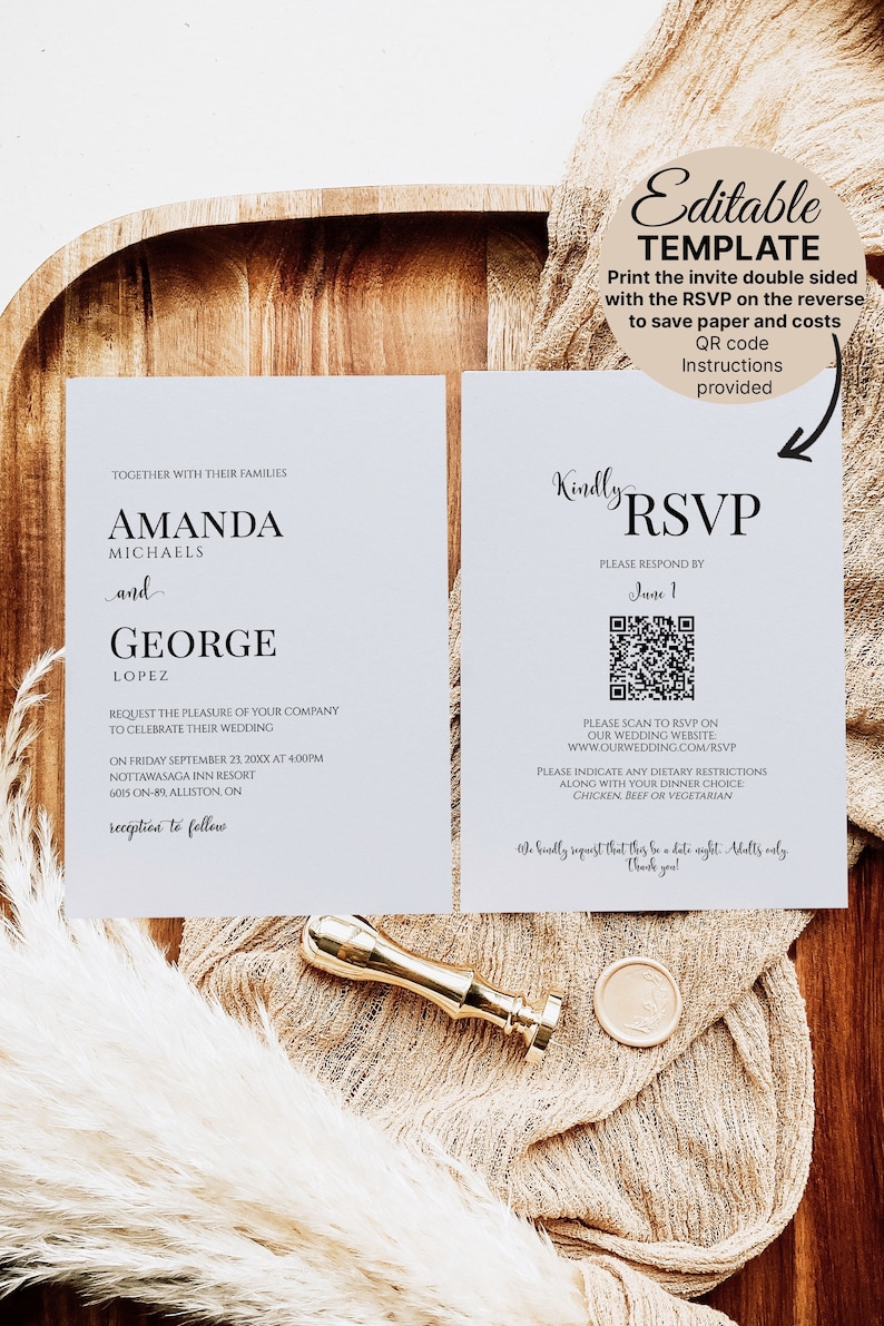 Wedding Invite Printable Minimalistic Double Sided Wedding Invitation ...