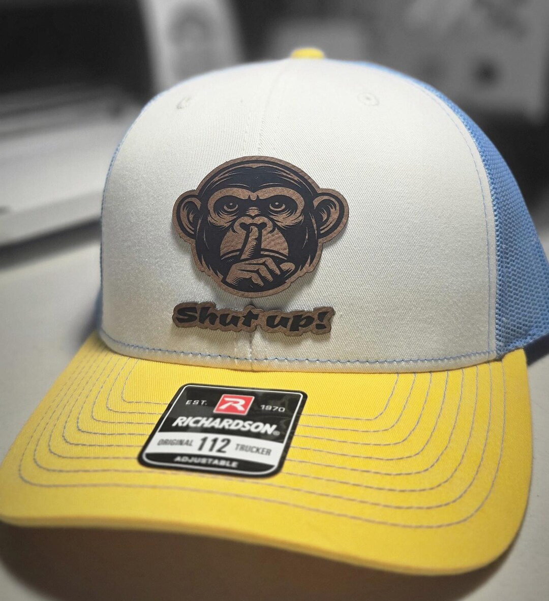 Monkey Trucker Hat, Custom Leather Patch, Laser Engraved. - Etsy