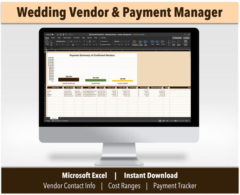 Wedding Planner - Excel Template / Tool for Vendor Tracking & Vendor ...