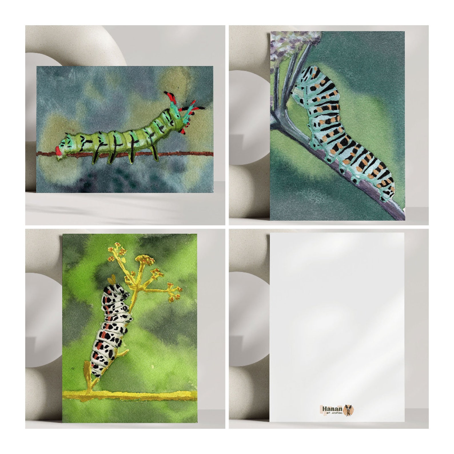 Handmade Greeting Cards Set (3) of Caterpillars Made in Watercolor and ...