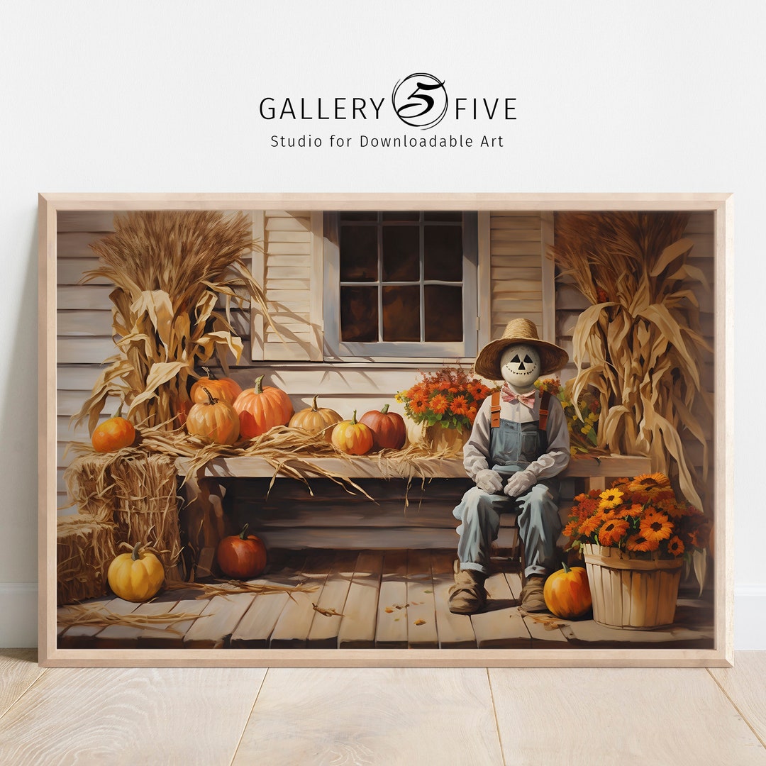 Printable Wall Art Fall Scene Scarecrow & Pumpkins - Etsy