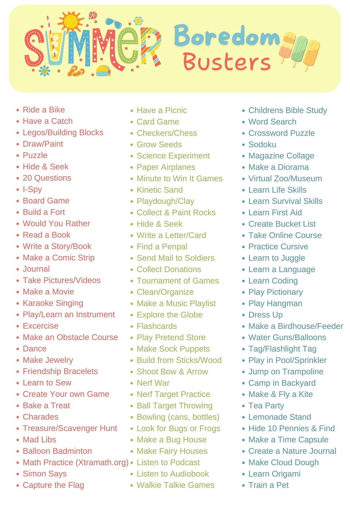 Kids Summer Boredom Busters - Etsy