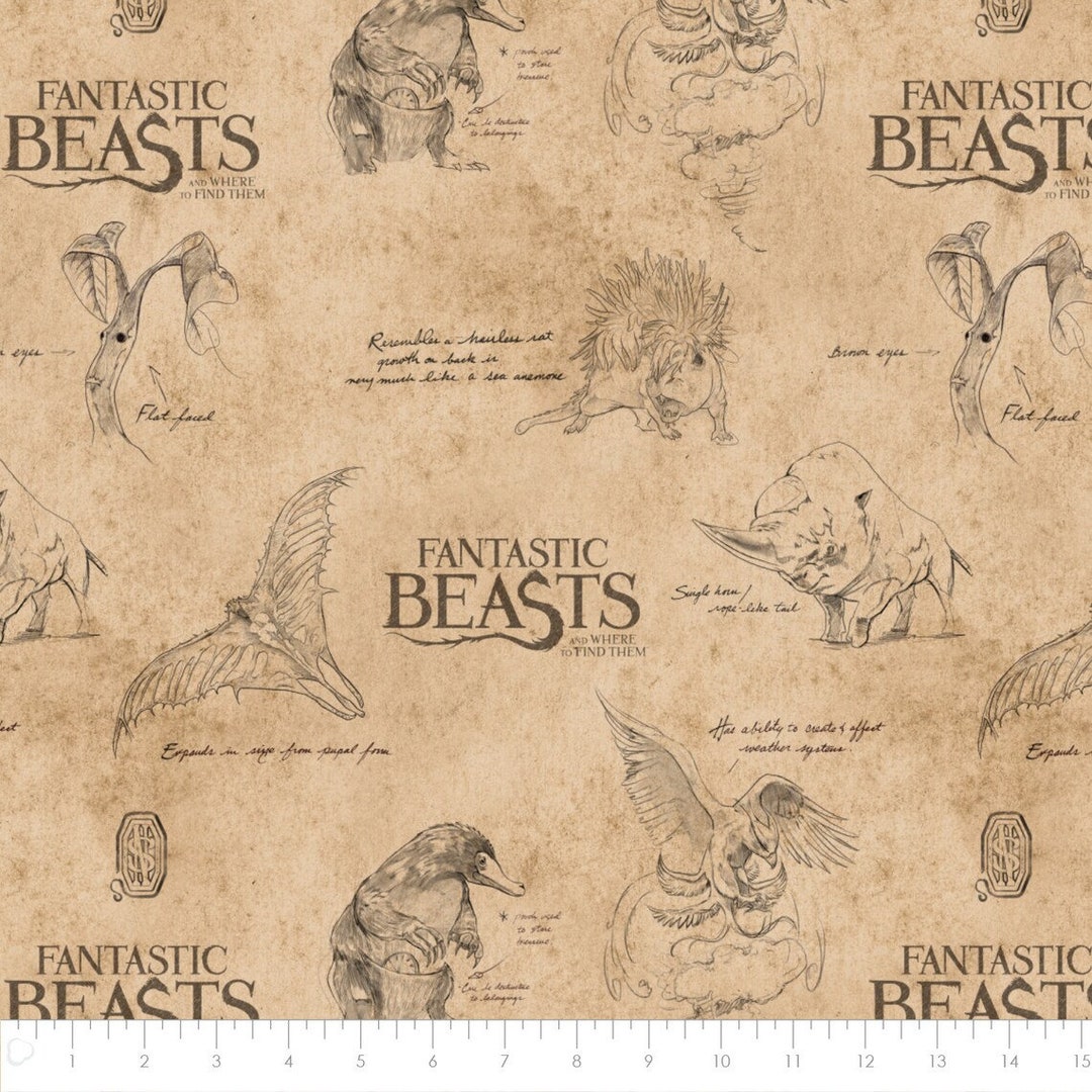 1/3 Yard PRE-CUT Fabric Fantastic Beast Logo & Creatures on Textured ...