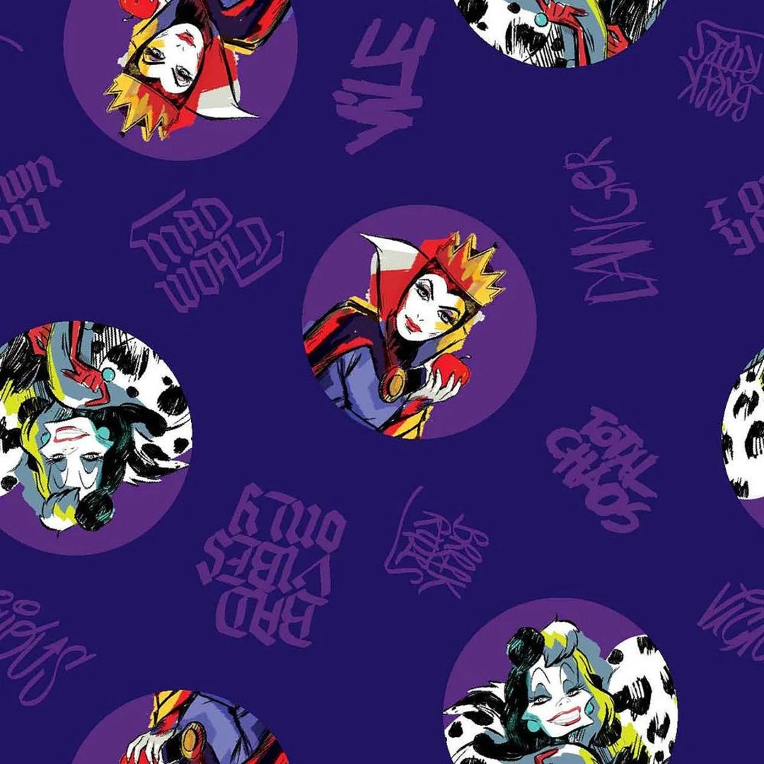 Disney Villains Cruella and Evil Queen Toss in Purple 3/4 YARD Fabric ...