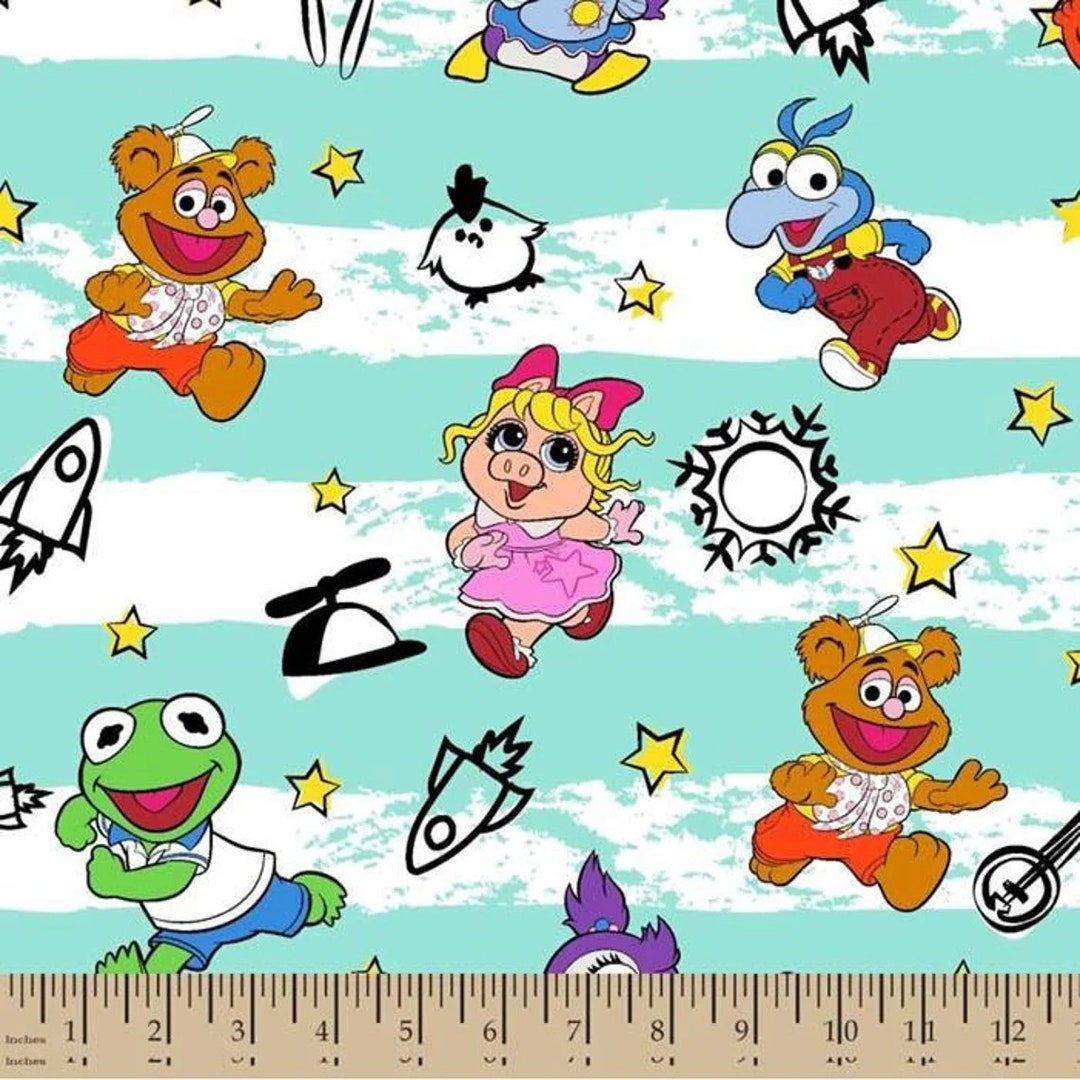 PRE-CUT Fabric Disney Muppet Babies Playing on White and Blue Stripes ...