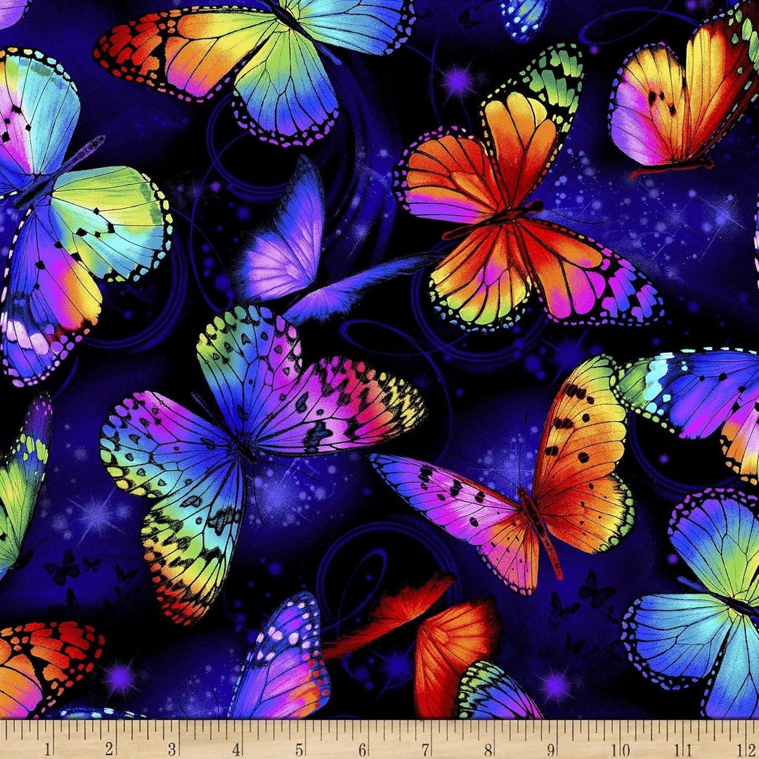 PRE-CUT Butterfly Magic Bright Butterflies Flying on Black 100% Cotton ...