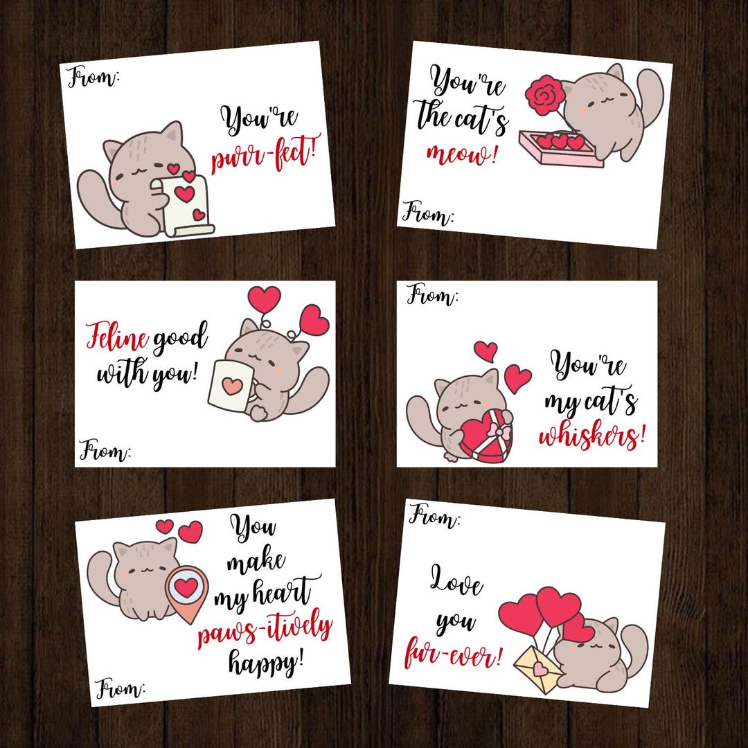 Cute Cats Valentine's Day Card Printable 6 Cards per Page Instant ...