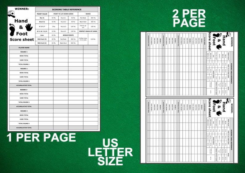 Hand and Foot Score Sheet, Hand and Foot Rules, Hand & Foot Score Card ...