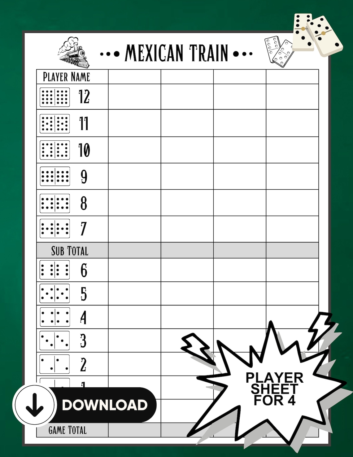 Mexican Train Scoresheet, Mexican Train Rules, Mexican Train Scorecard ...