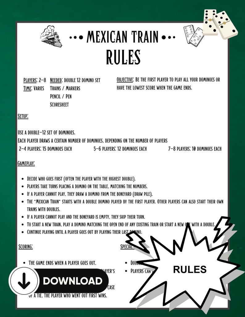 Mexican Train Scoresheet, Mexican Train Rules, Mexican Train Scorecard ...