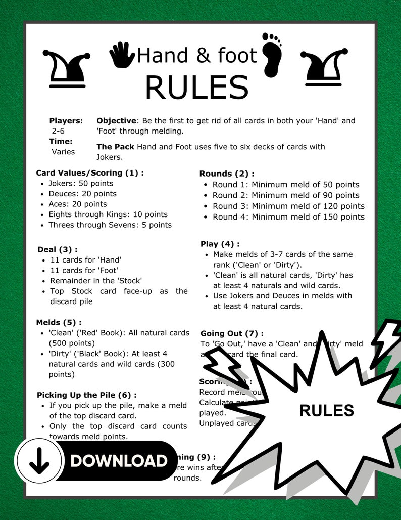Hand and Foot Score Sheet, Hand and Foot Rules, Hand & Foot Score Card ...