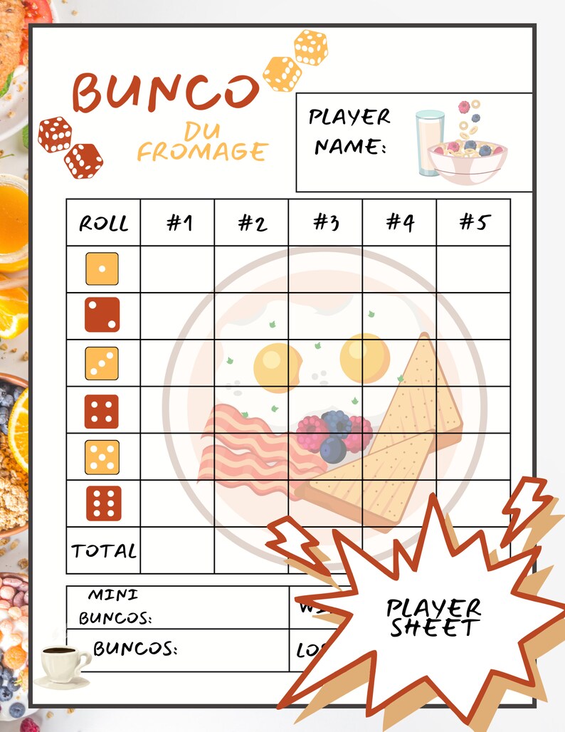 Breakfast Bunco, Brunch Bunco, Food Bunco Set, Bunco Playerscorecard X2 ...