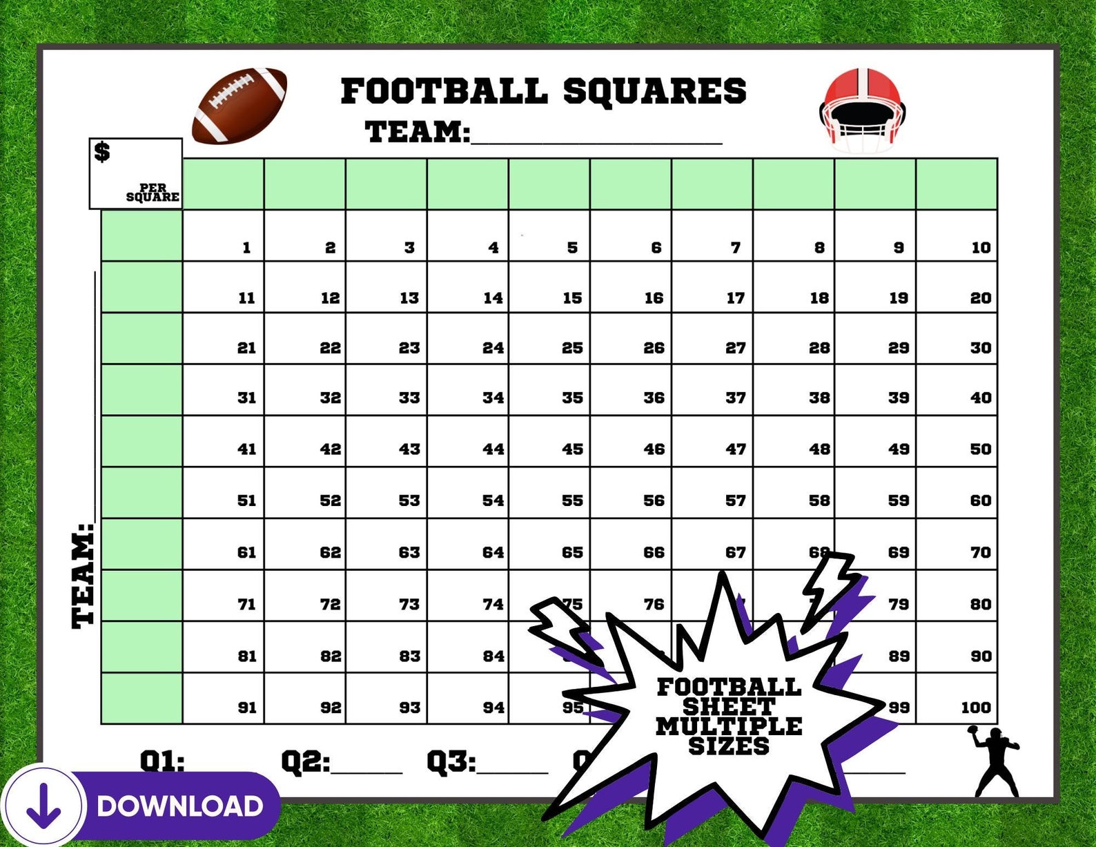 Football Squares, Printable Football Card Game, Football Party, the Big ...