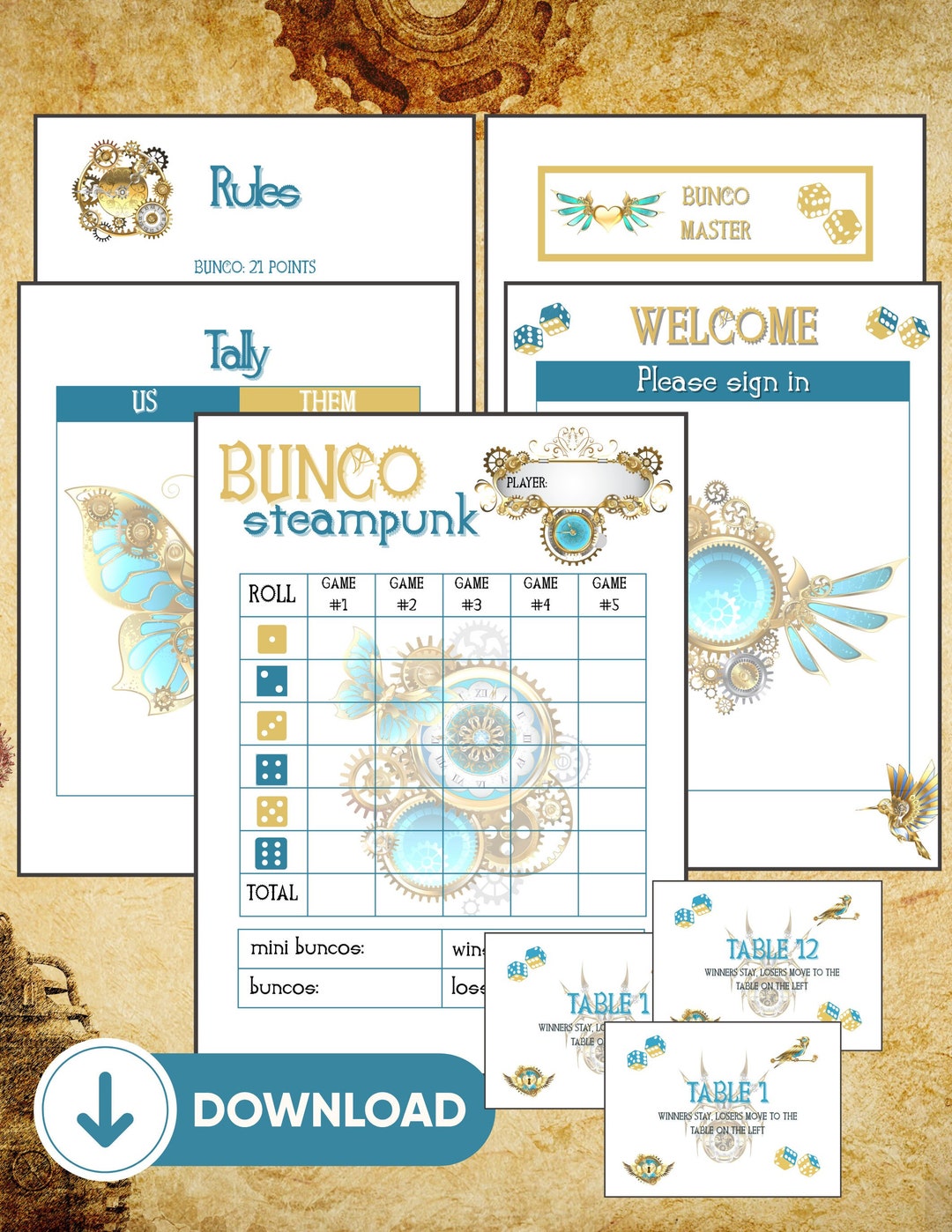 Steampunk Bunco, Original Bunko, Bunco Themes, Bunco Player Sheet X2 X4 ...