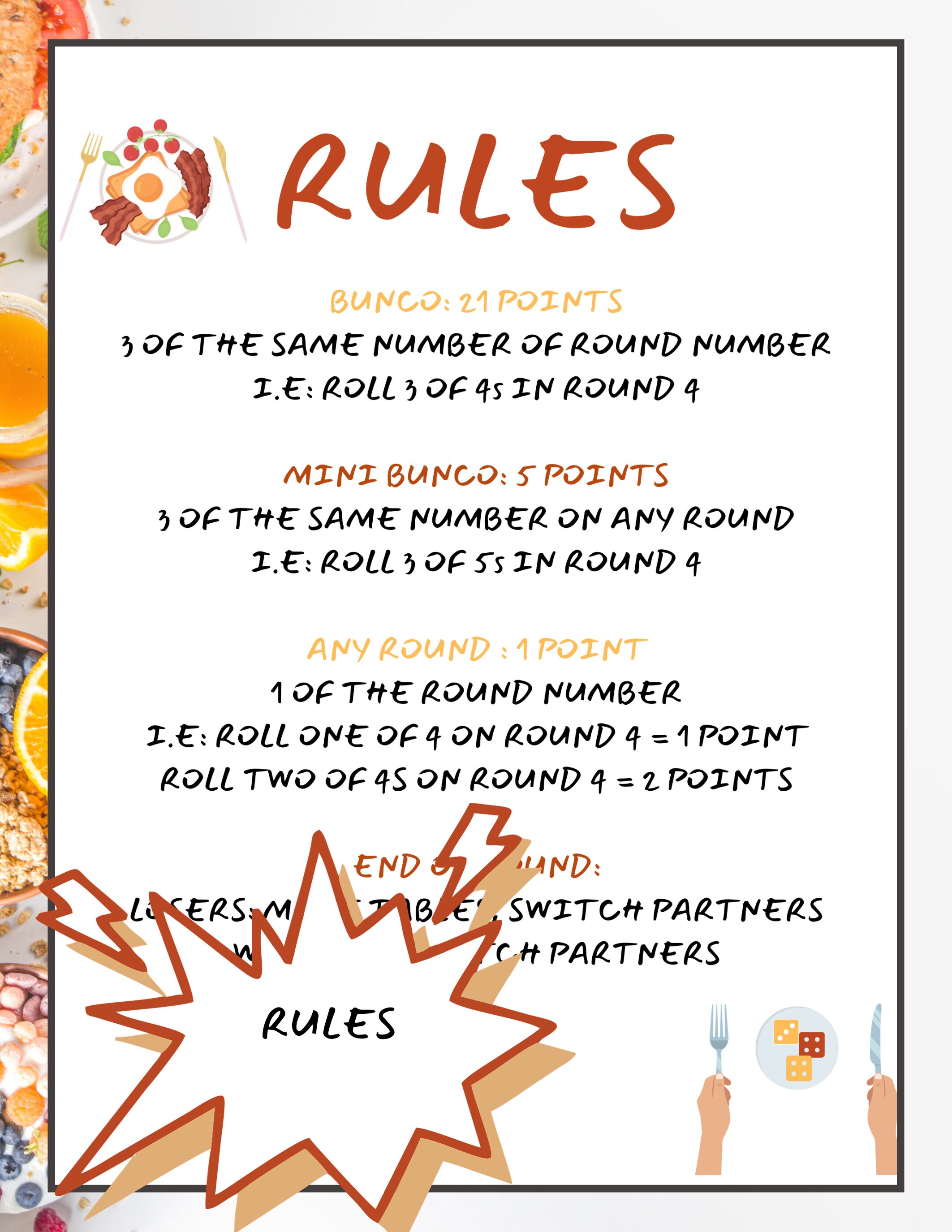 Breakfast Bunco, Brunch Bunco, Food Bunco Set, Bunco Playerscorecard X2 ...