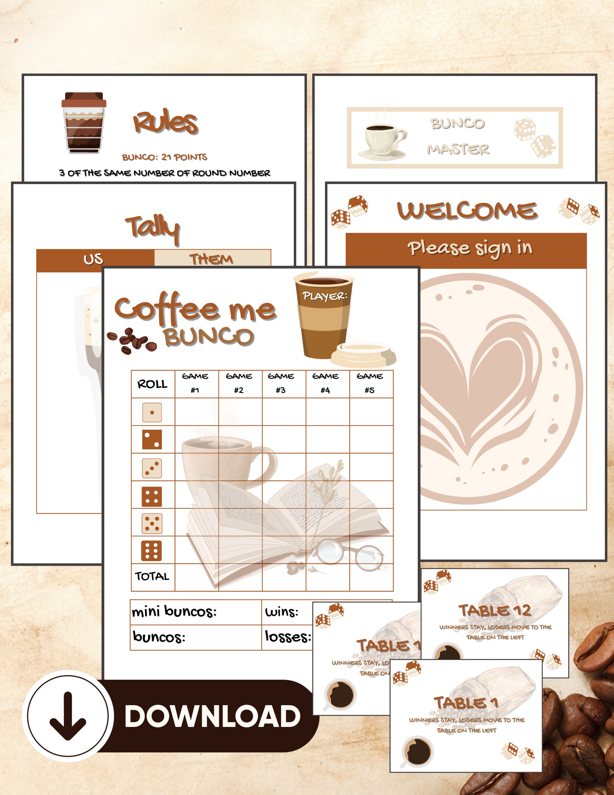 Coffee Bunco,bunco Coffee Score Card, Bunco Themes, Bunco Night, Coffee ...