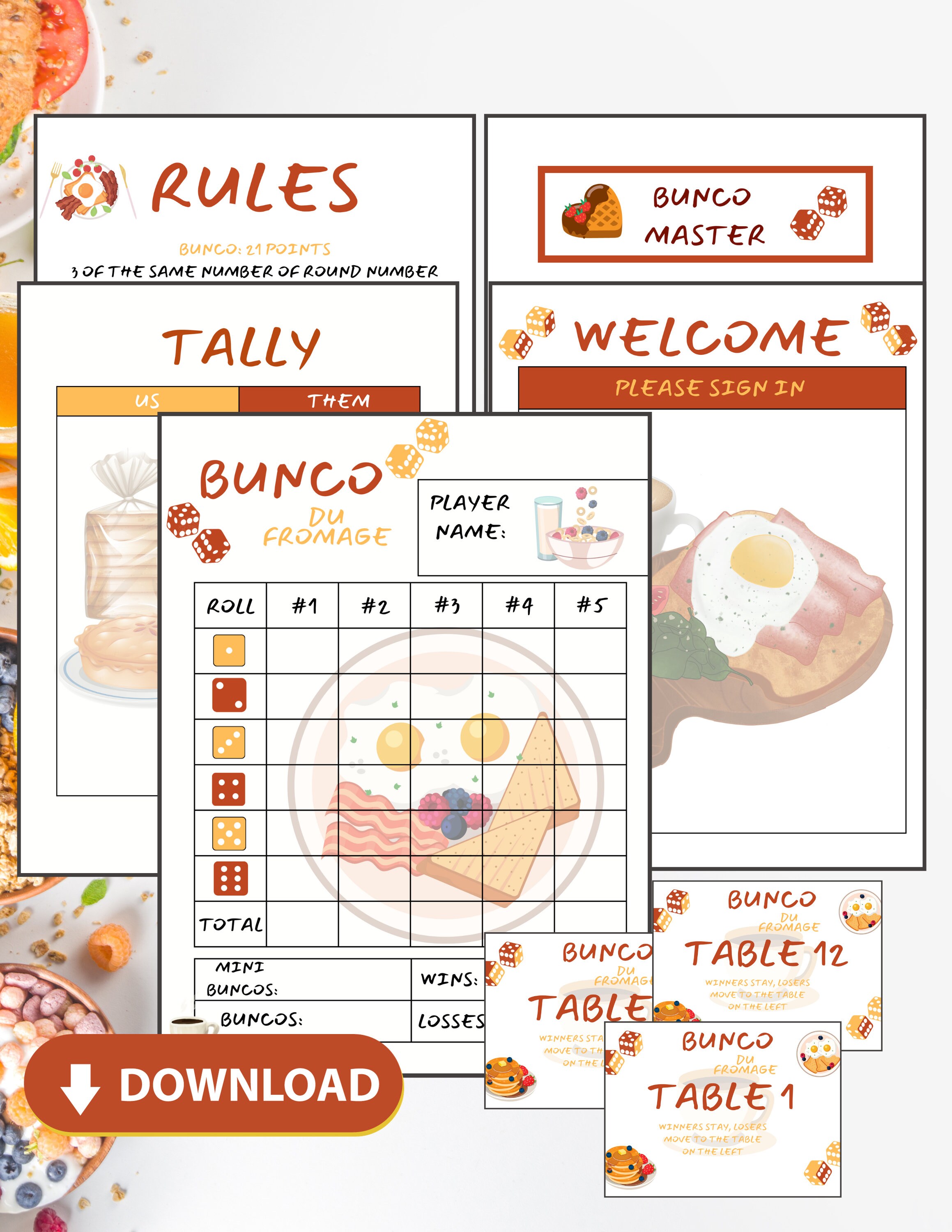 Breakfast Bunco, Brunch Bunco, Food Bunco Set, Bunco Playerscorecard X2 ...
