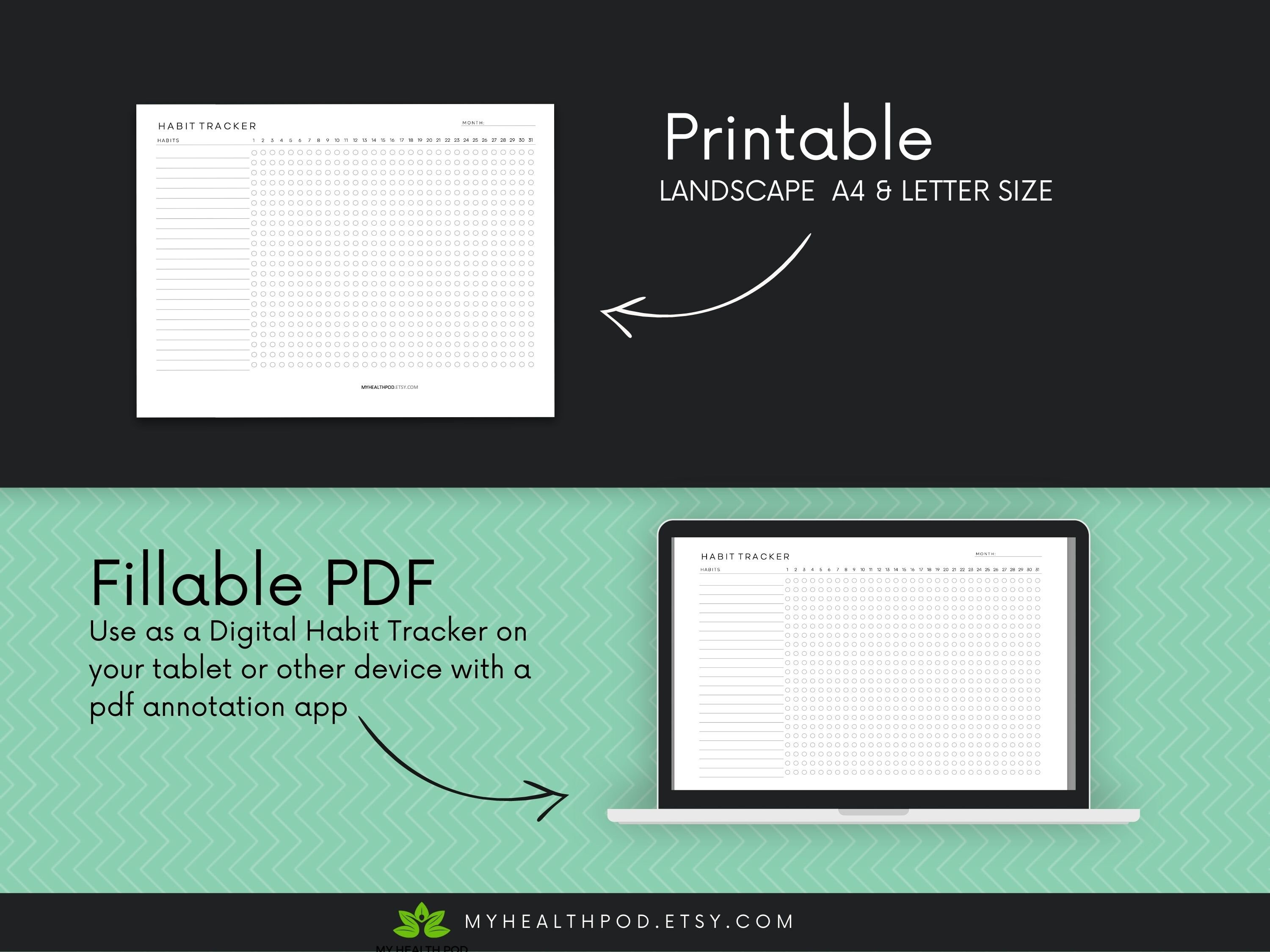 Monthly Habit Tracker Printable Landscape, Habit Tracker Template, 30 ...