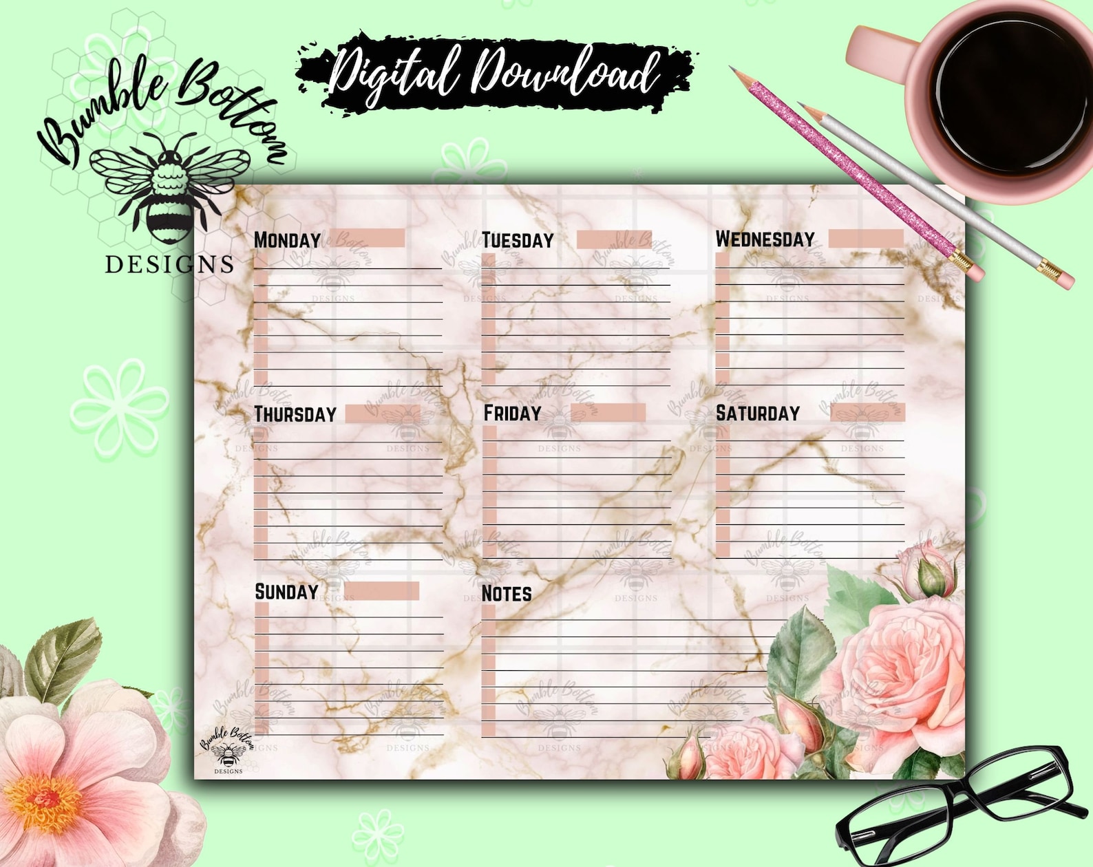 Pink Rose Digital Planner Page - Etsy