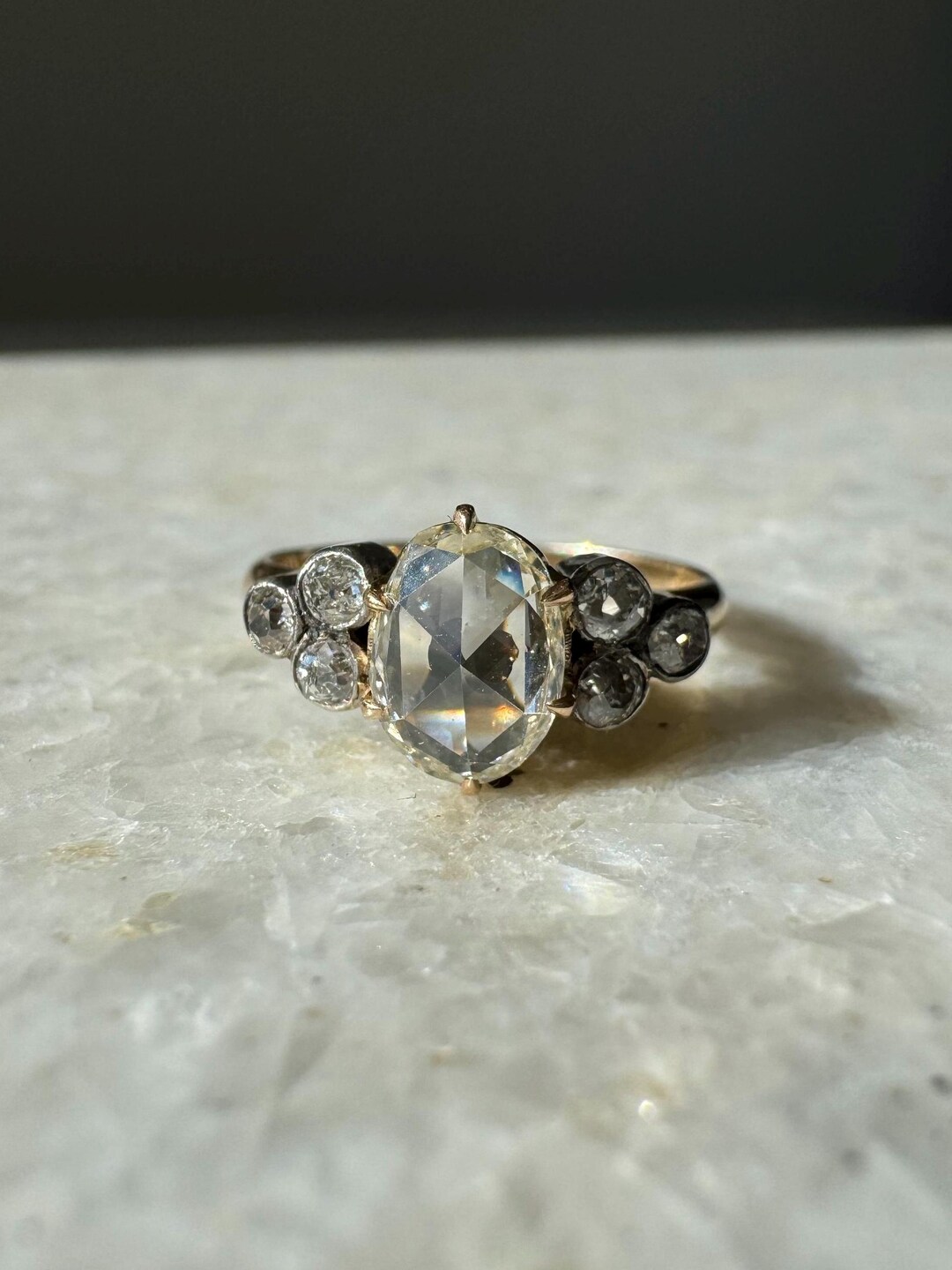 Late Georgian / Early Victorian Oval Rose Cut Diamond and Old Mine Cut Diamond Accent 18k Gold ...