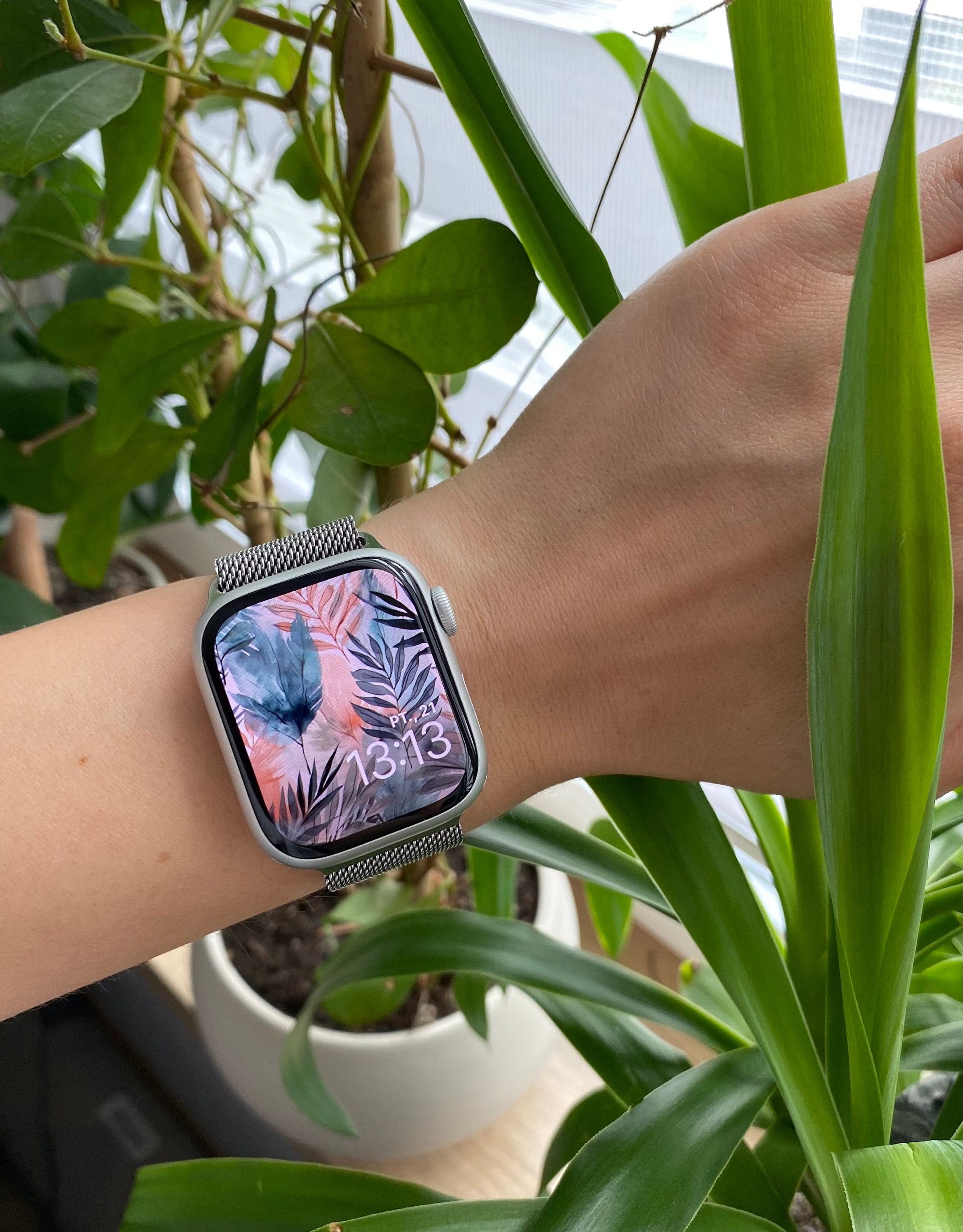 Tropical Leaves Apple Watch Wallpaper, Green Watercolor Apple Watch ...