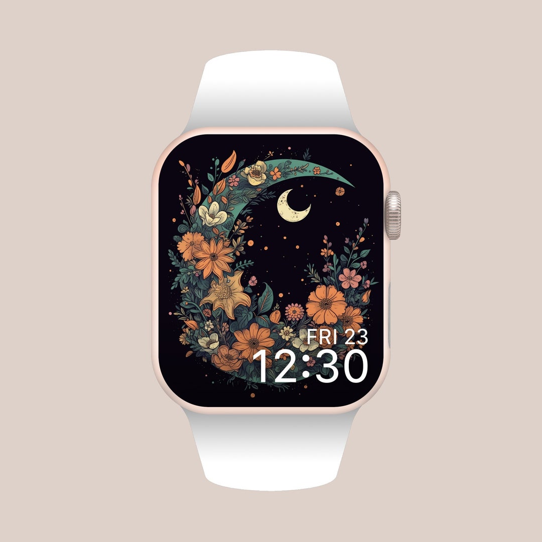 Floral Moon Apple Watch Wallpaper, Colorful Crescent Moon Watch Face ...