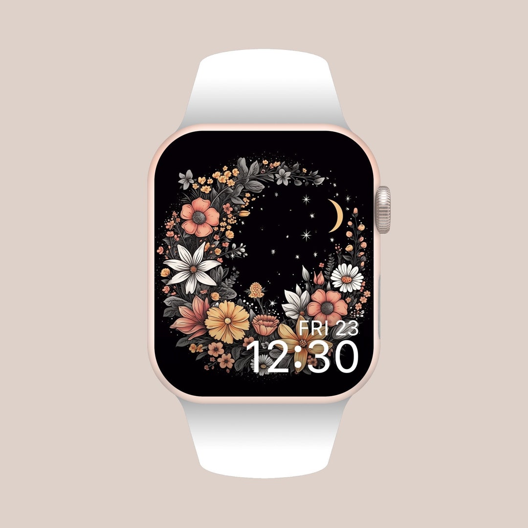 Floral Moon Apple Watch Wallpaper, Colorful Crescent Moon Watch Face ...